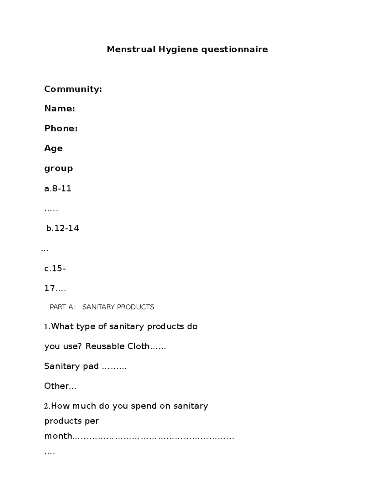 Menstrual Hygienequestionnaire.docx - Google Docs - Menstrual Hygiene ...