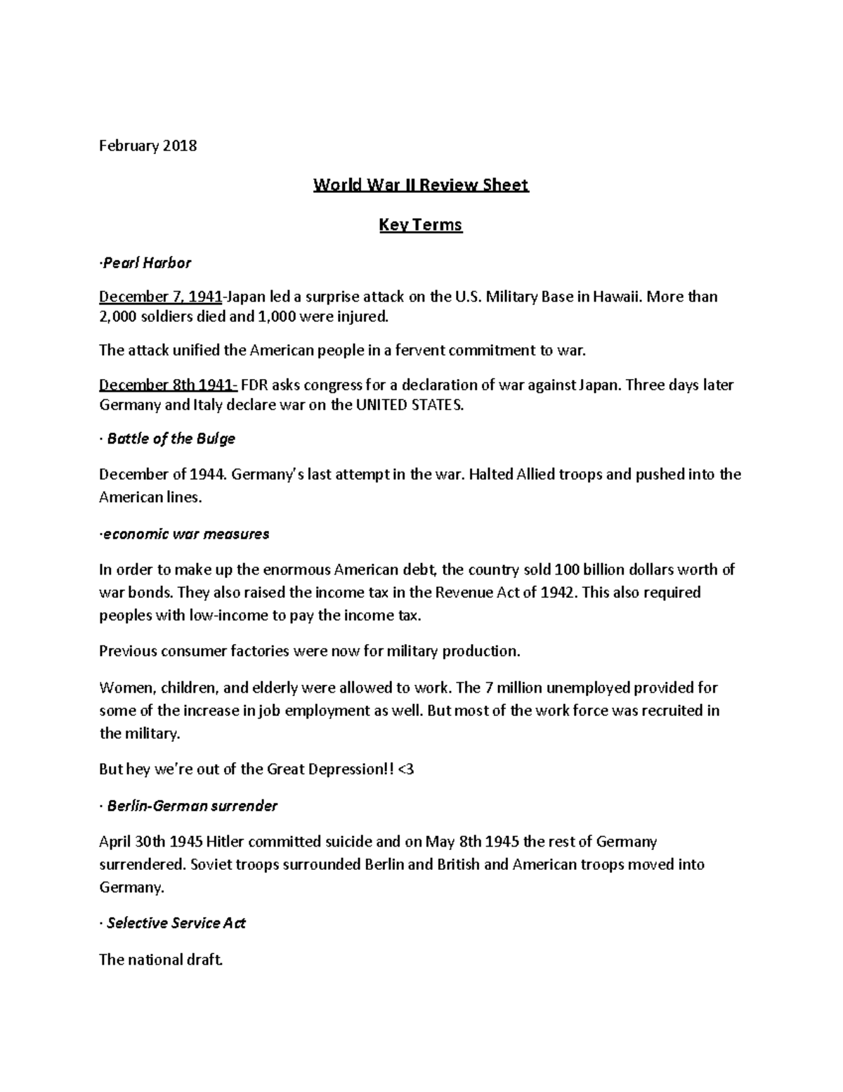 WWII History Review - February 2018 World War II Review Sheet Key Terms ...