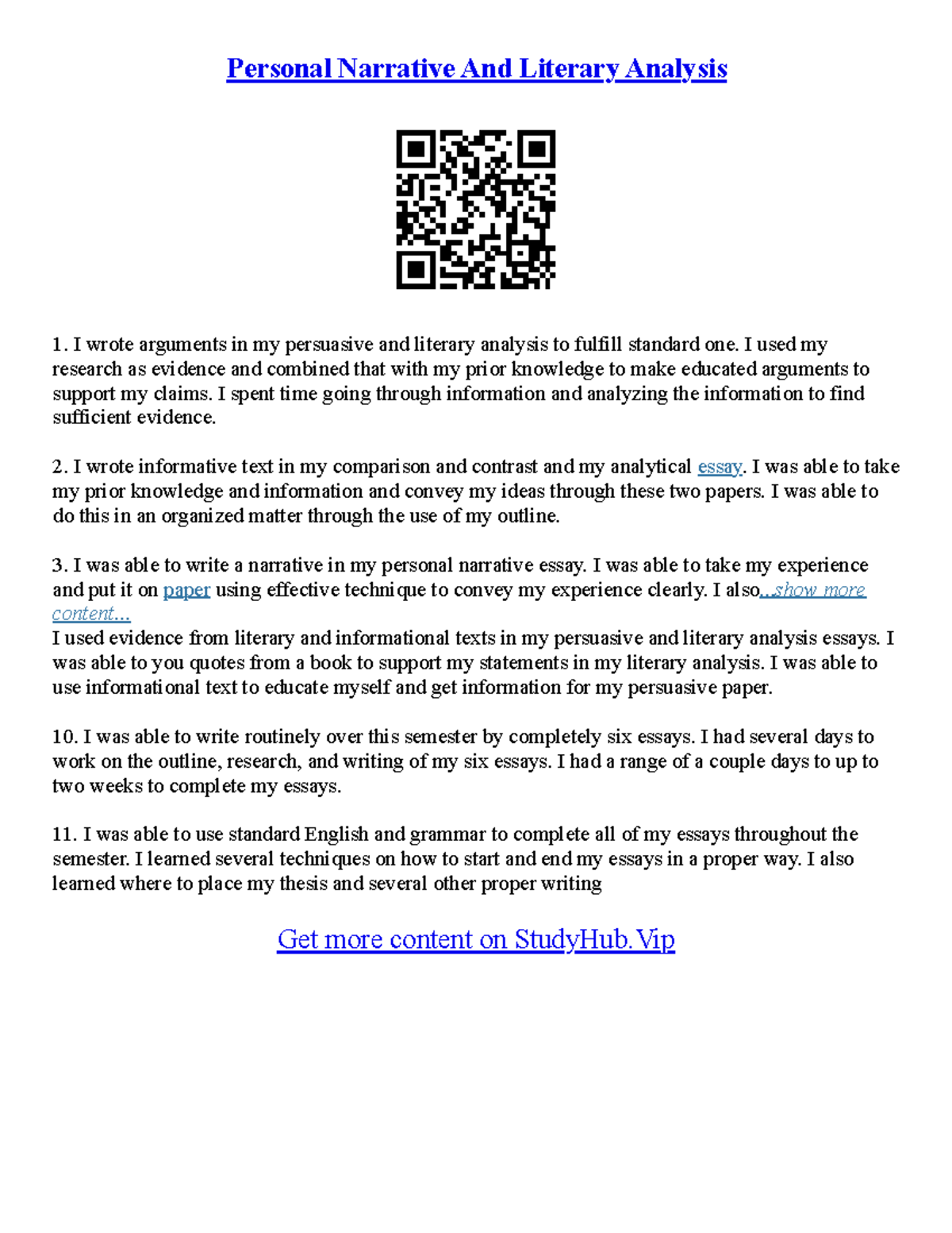 Sample Literary Essays - Personal Narrative And Literary Analysis I ...