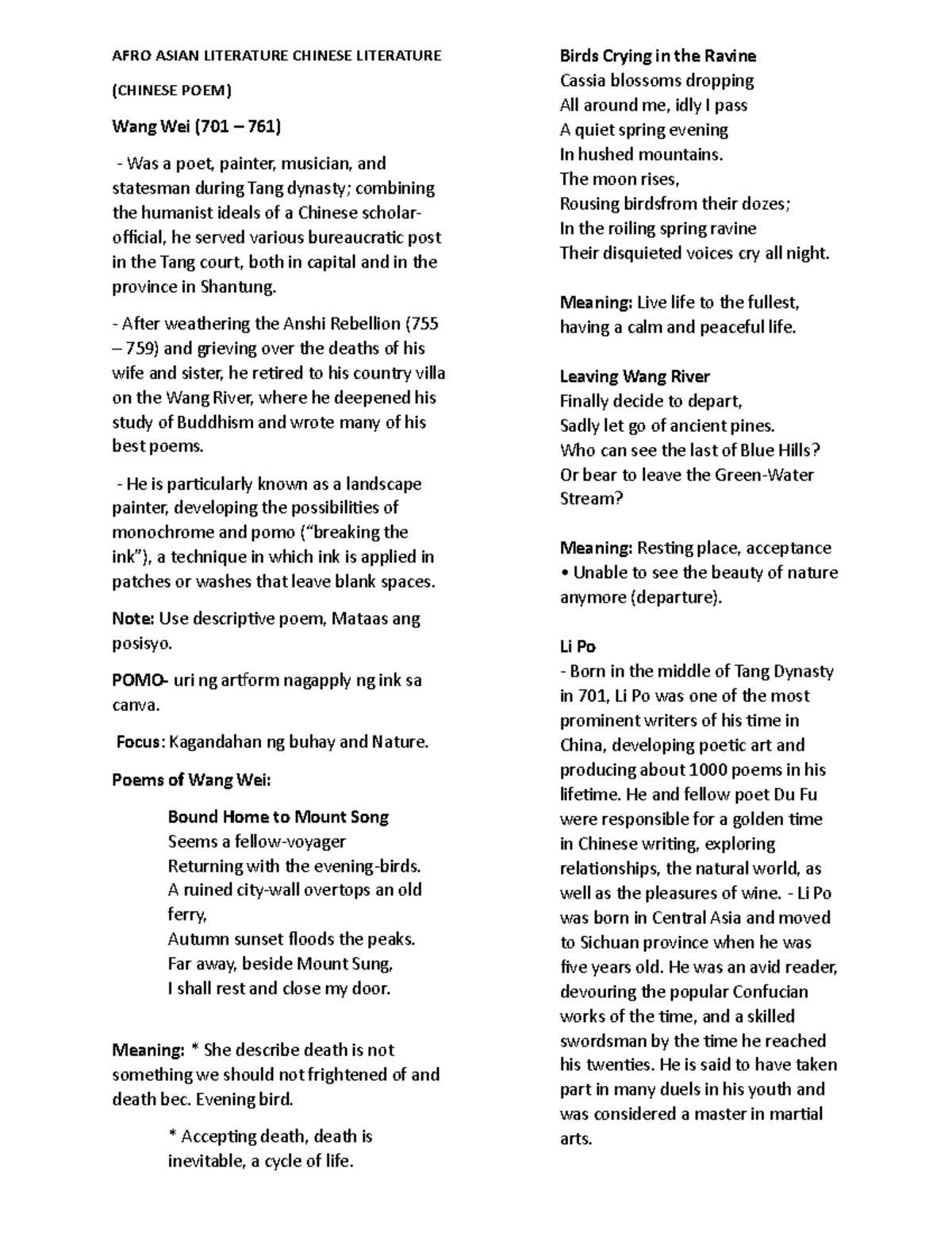 Afro Asian Lit. Chinese Poem - AFRO ASIAN LITERATURE CHINESE LITERATURE ...