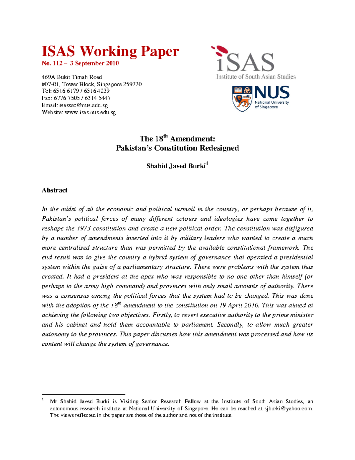 ISAS Working Paper 112 - Email - The 18 Amendment 06092010 121427 ...