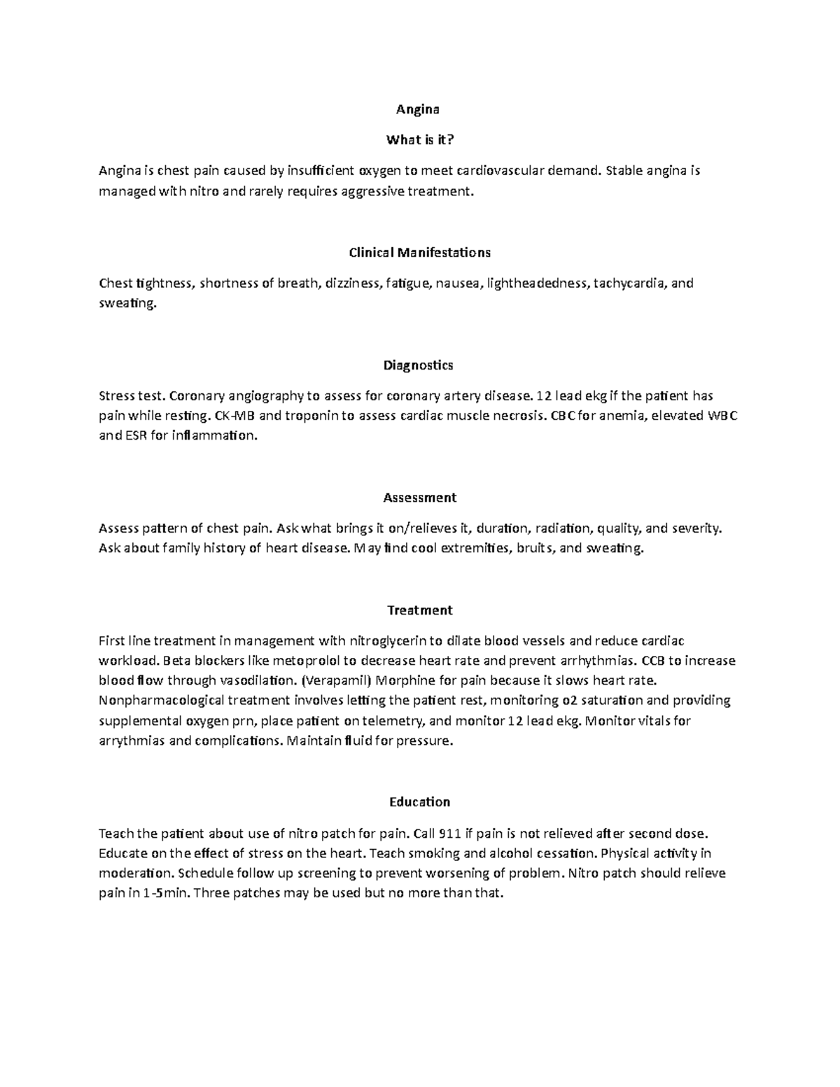 Angina Pectoralis Concept Map - Angina What is it? Angina is chest pain ...