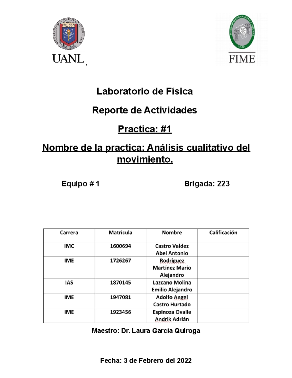 Reporte Física Laboratorio Práctica 1 Fime Laboratorio De Física