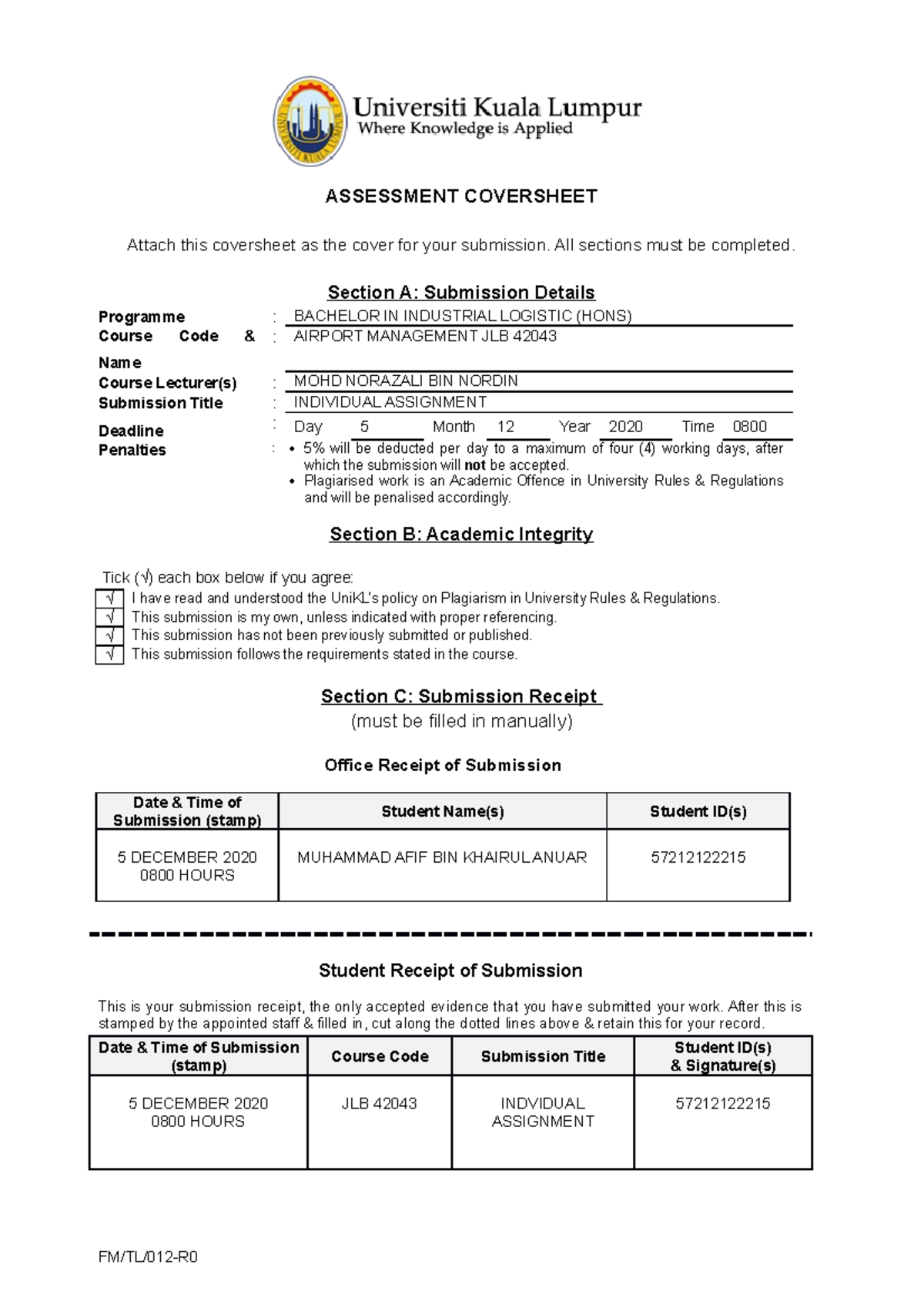 Airport Management Individual Assignment - ASSESSMENT COVERSHEET Attach ...