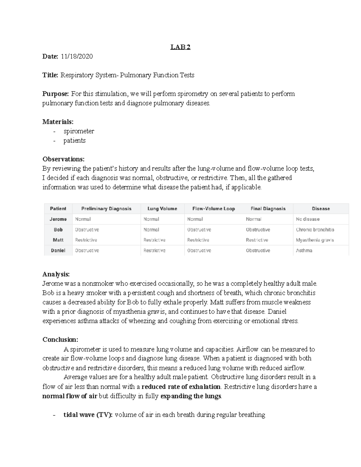 Respiratory System - Pulmonary Function Tests - LAB 2 Date: 11/18 ...