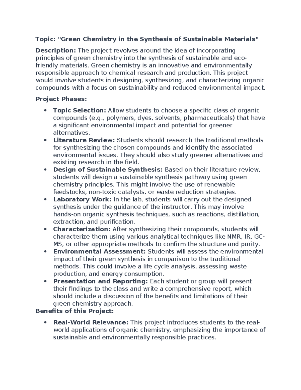 PBL - Topic: "Green Chemistry in the Synthesis of Sustainable Materials ...