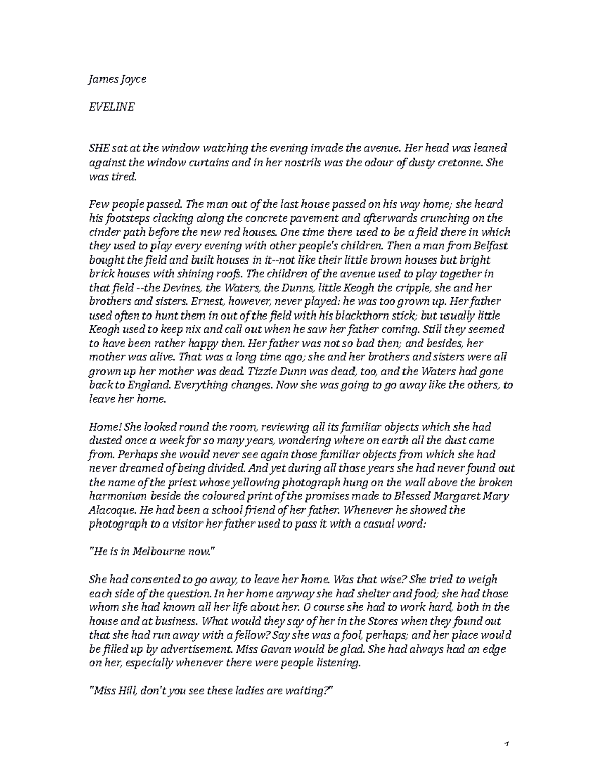 James Joyce - Eveline - want premium dont use - James Joyce EVELINE SHE ...