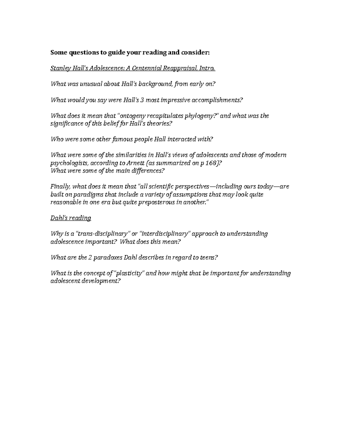 Reading questions for class 2 fall 2020 - Some questions to guide your ...