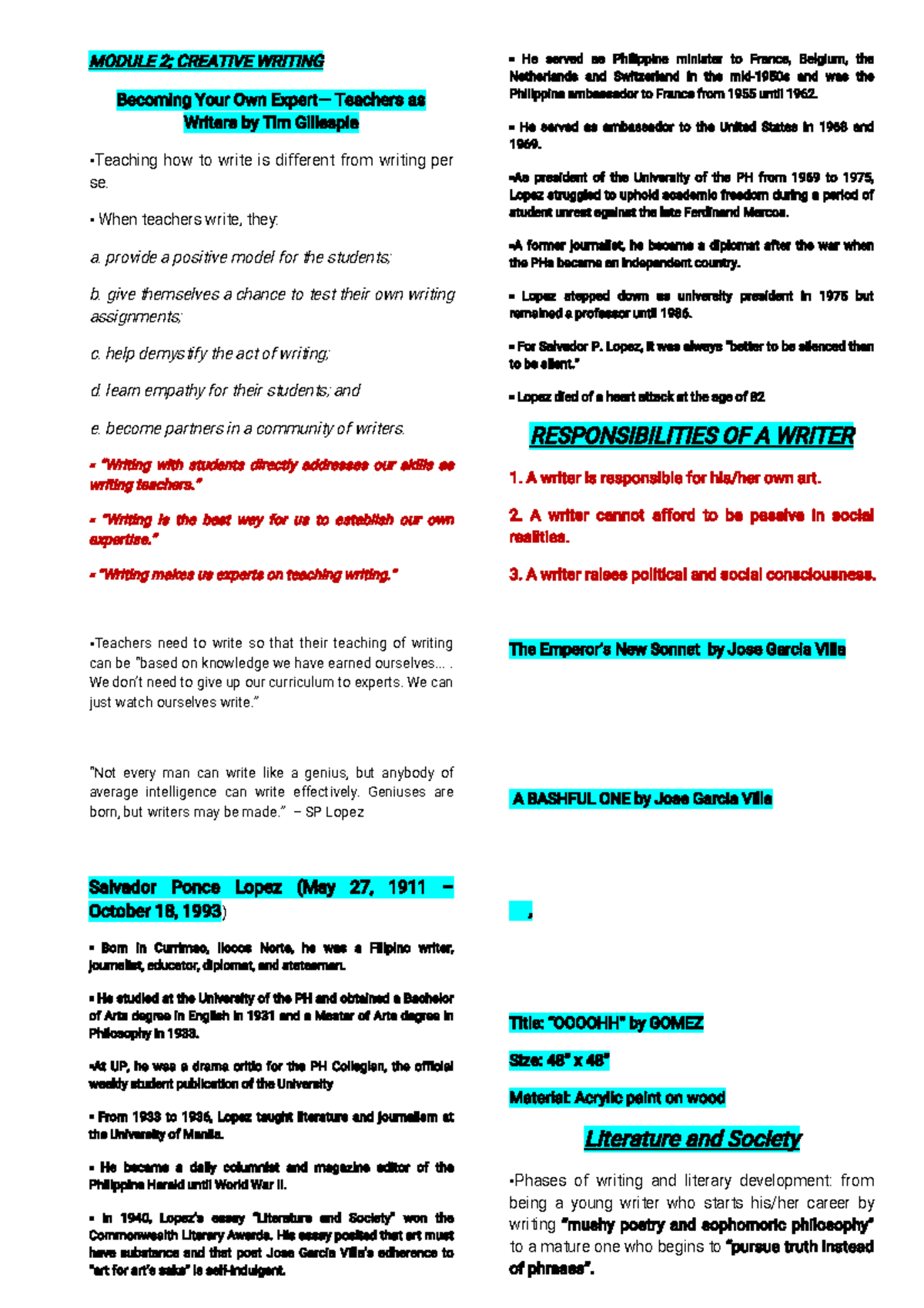 Creative Writing 1 3 P6 - MODULE 2; CREATIVE WRITING Becoming Your Own Expert— Teachers as ...
