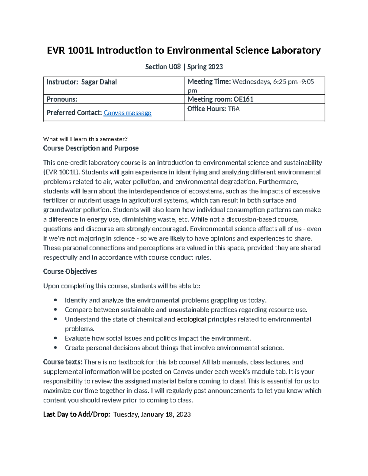 EVR 1001 Lab - EVR 1001L Introduction to Environmental Science ...