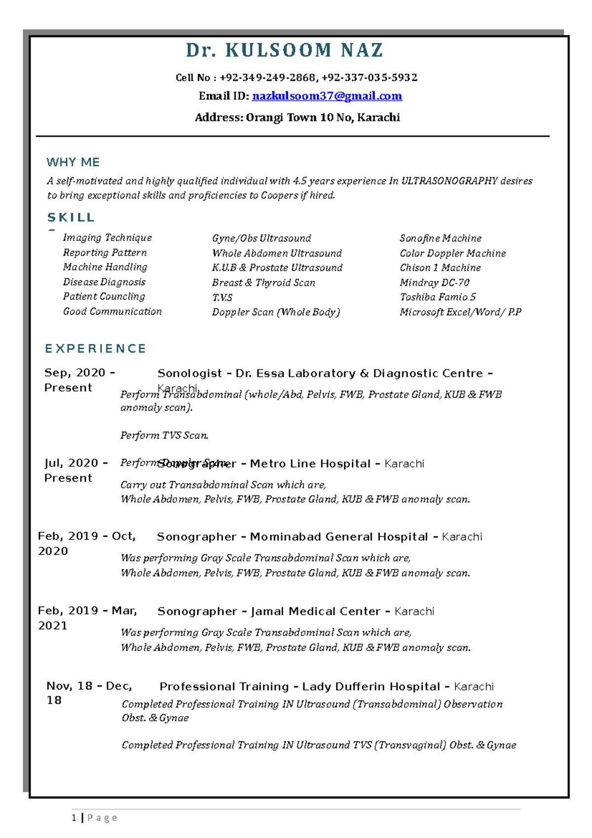 Kulsoom Resume - Compiled by CA Sanidhya Saraf - 1 | P a g e D r. K U L ...