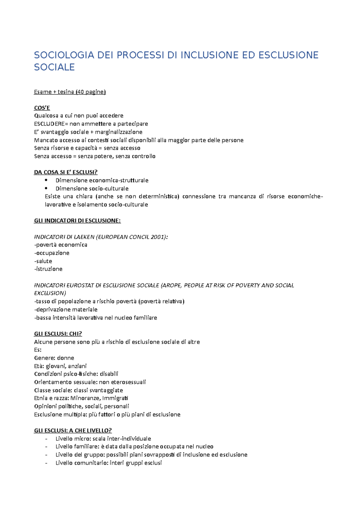 Sociologia DEI Processi DI Inclusione ED Esclusione Sociale ...