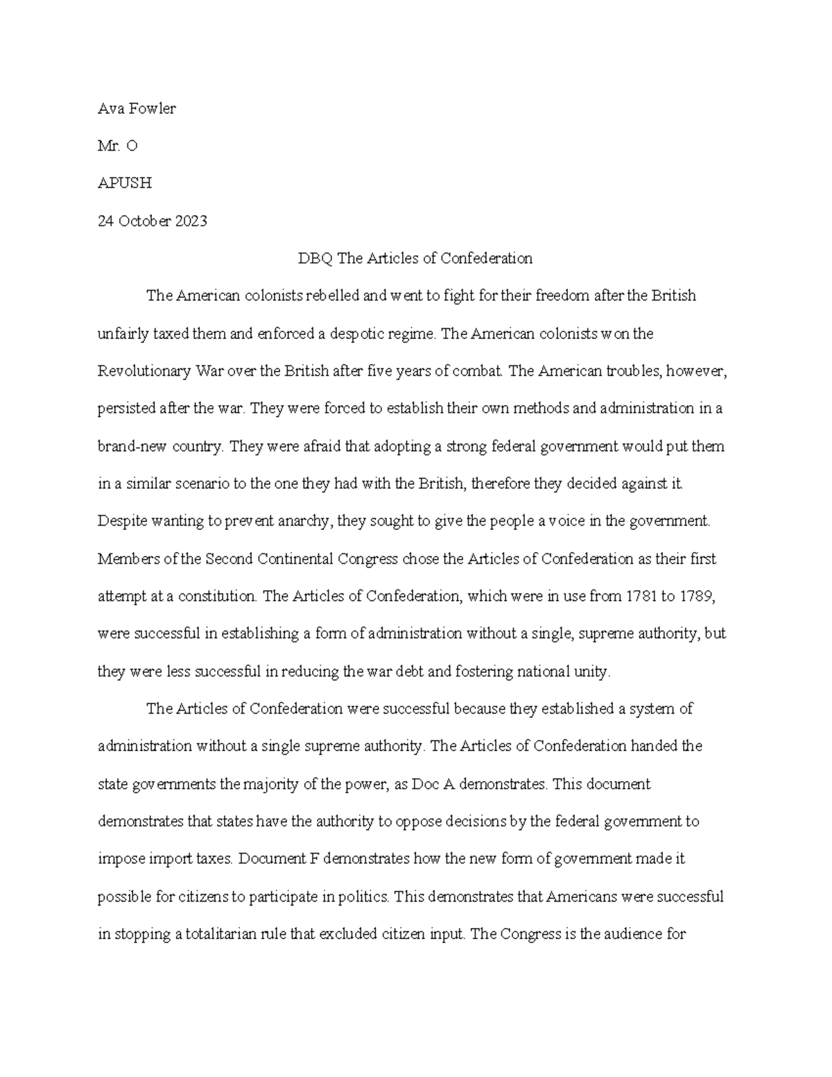 DBQ - The Articles of Confederation - Ava Fowler Mr. O APUSH 24 October ...