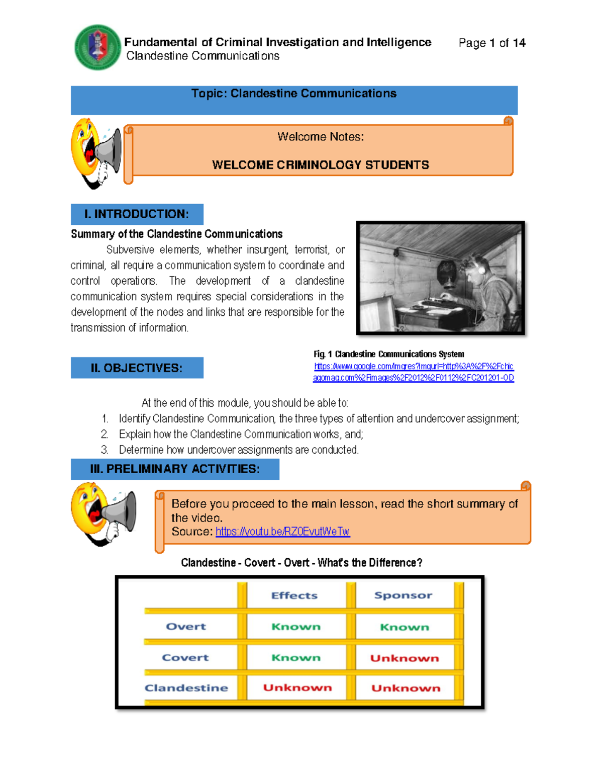 Wk11 - CDI1 - Lessonproper - Clandestine Communications Summary of the Clandestine ...