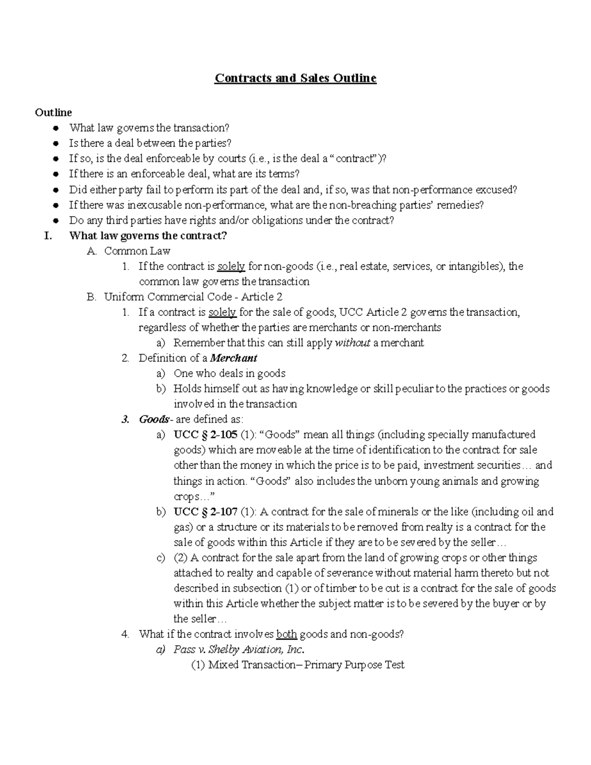 Contracts Working Outline - Contracts and Sales Outline Outline What ...