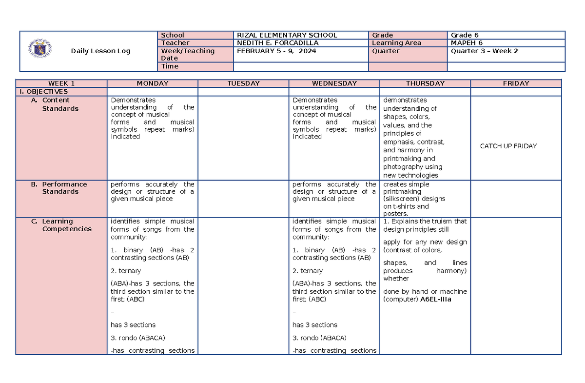 DLL Mapeh Q3 W1 - sample daily log lesson - Daily Lesson Log School ...