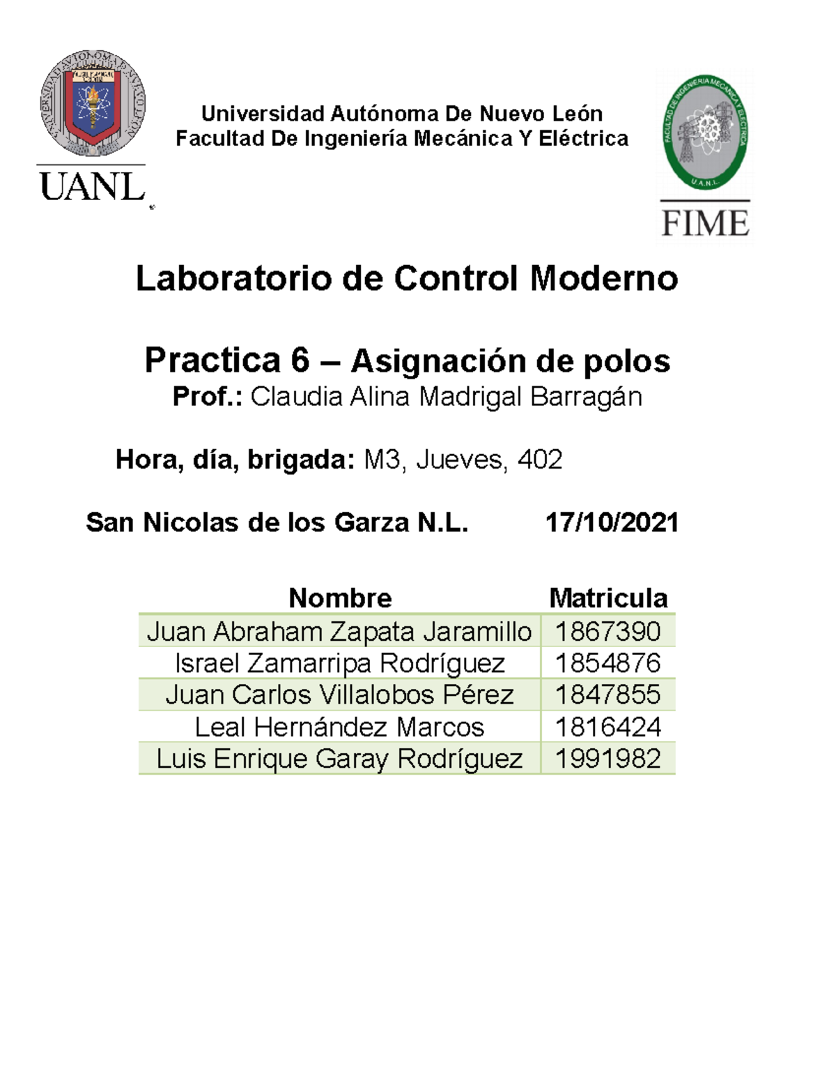 Practica 6-CM - Laboratorio de Control Moderno Practica 6 – Asignación de polos Prof.: Claudia ...