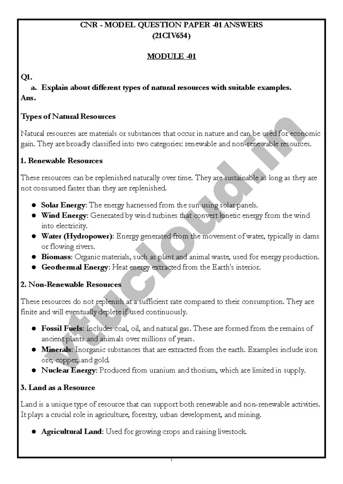 CNR Model Question Paper Answers-Copy - CNR - MODEL QUESTION PAPER -01 ANSWERS (21CIV654) MODULE ...