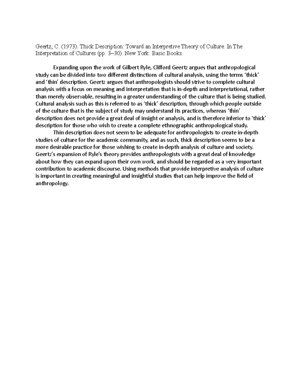 Geertz Summary Week 3 - Geertz, C. (1973). Thick Description: Toward an ...