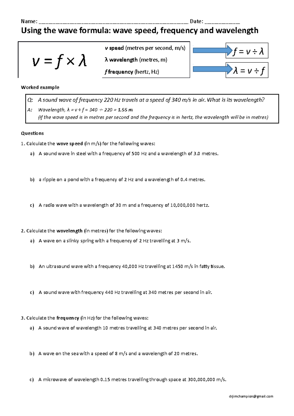 Wave Speed Equation Practice Name Using The Wave Formula Wave Speed
