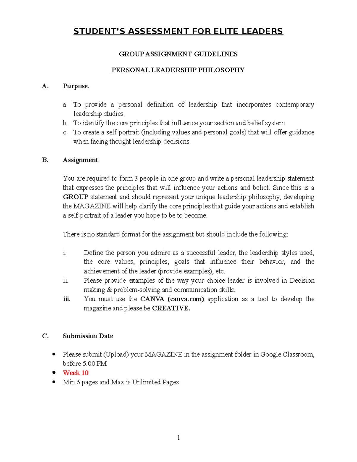 Elite Leaders Students Assessment - STUDENT’S ASSESSMENT FOR ELITE ...