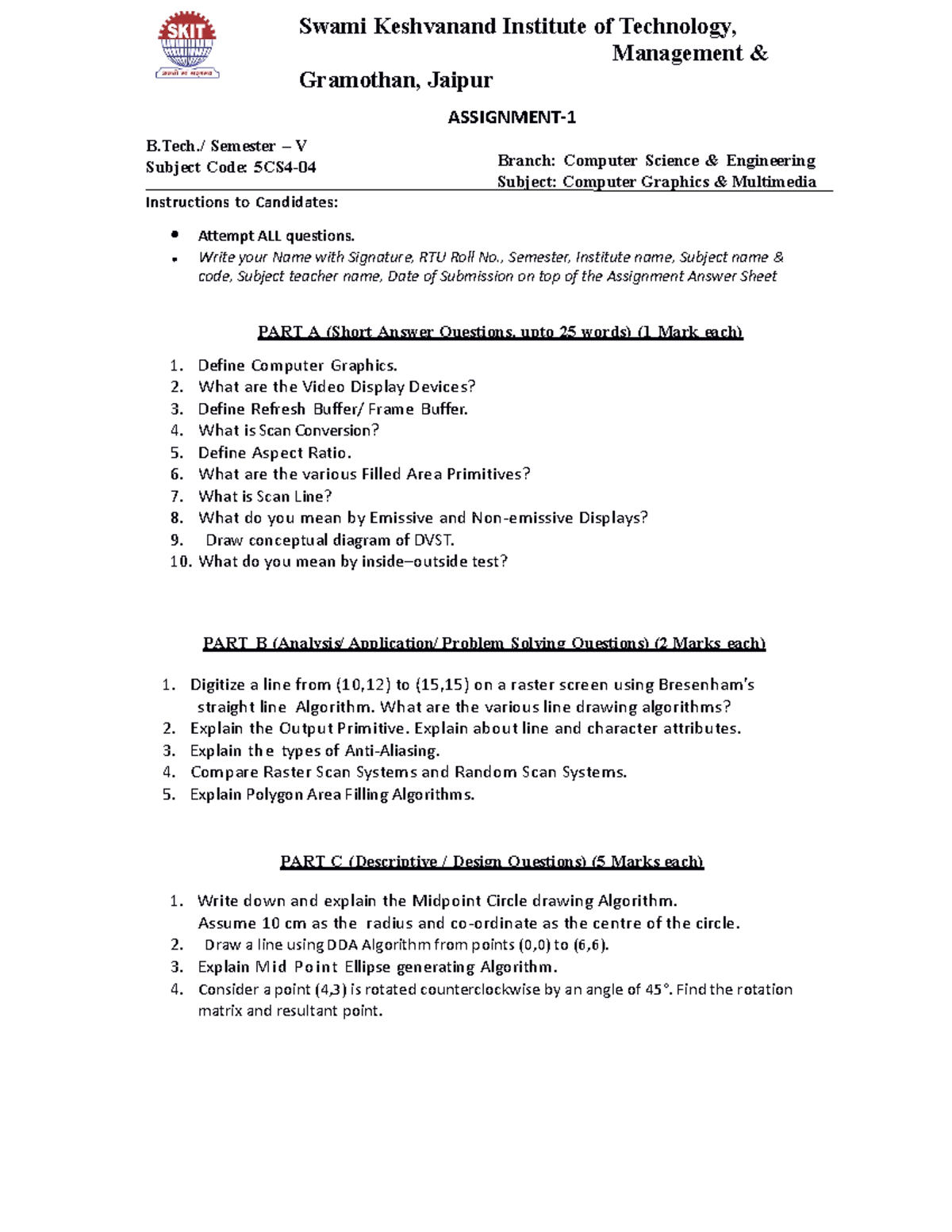 CGMT Assignment I session 2023-24 - Swami Keshvanand Institute of Technology, Management & - Studocu