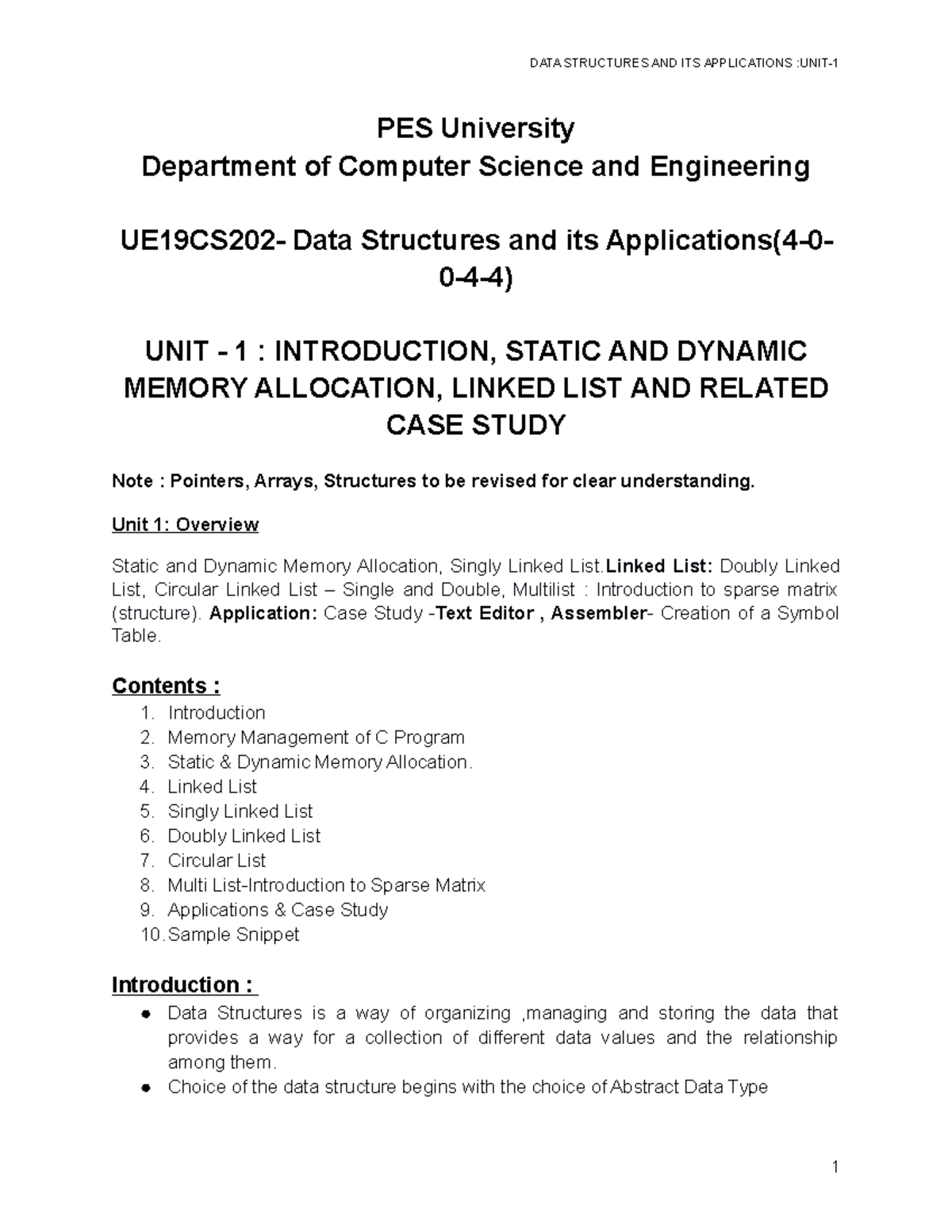 Unit-1 Notes 202009 12065421 - PES University Department of Computer ...