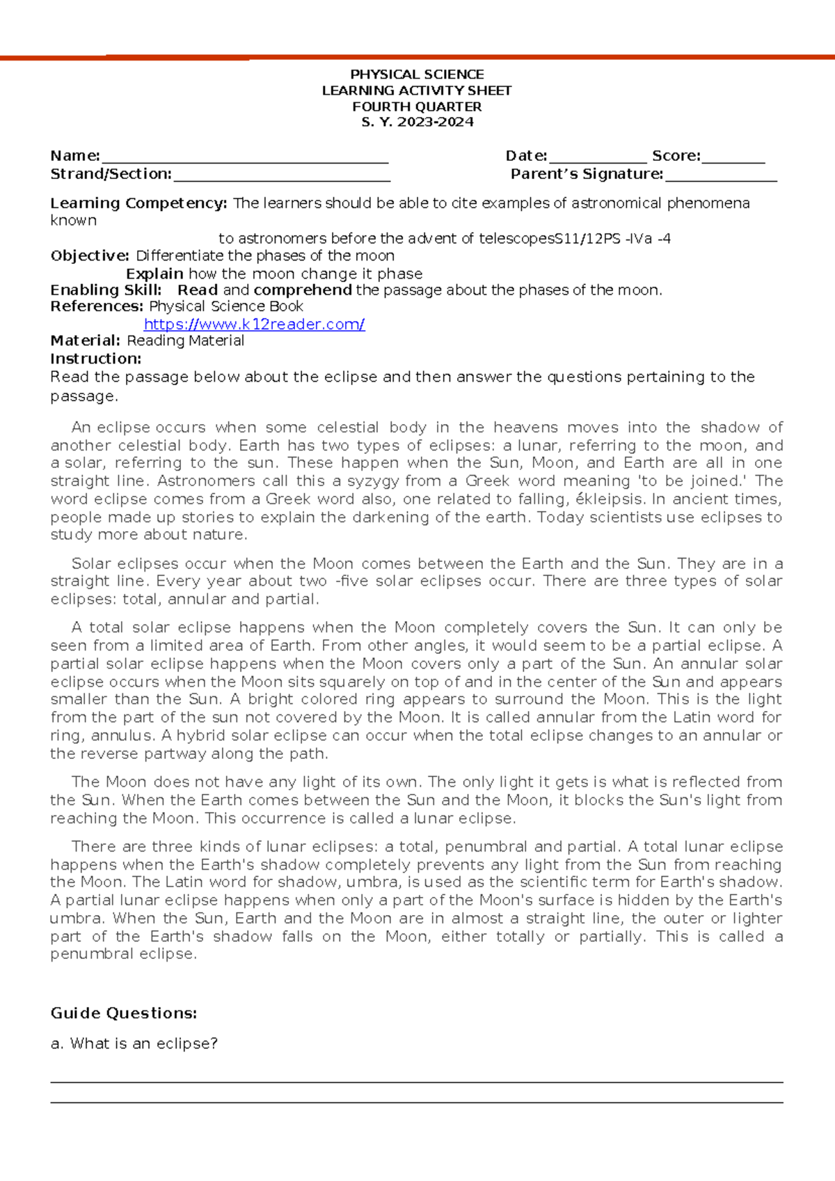 Activity COT 4 RC 2 - PHYSICAL SCIENCE LEARNING ACTIVITY SHEET FOURTH ...