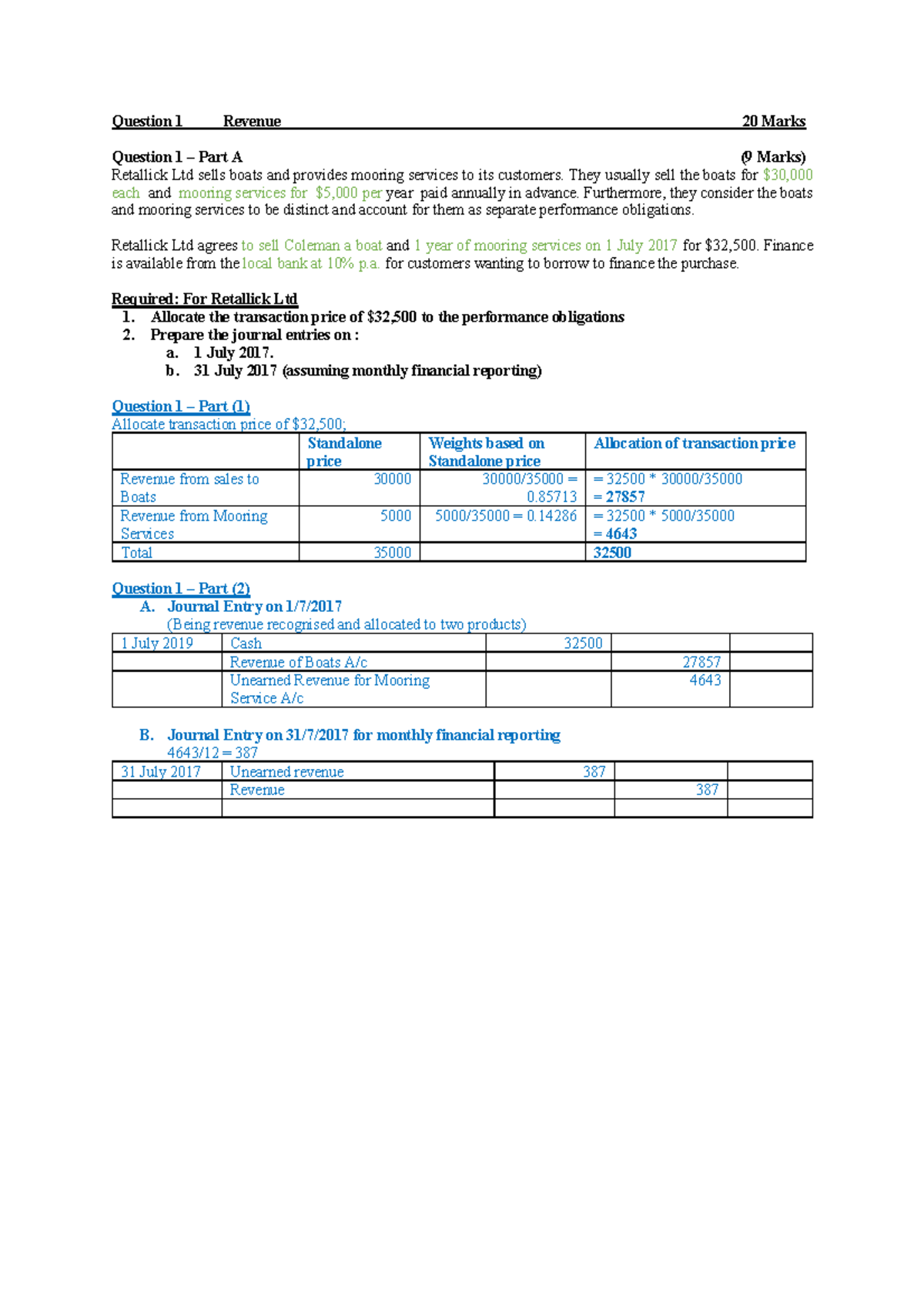 ASR Sample Exam - Question 1 Revenue 20 Marks Question 1 – Part A (9 ...