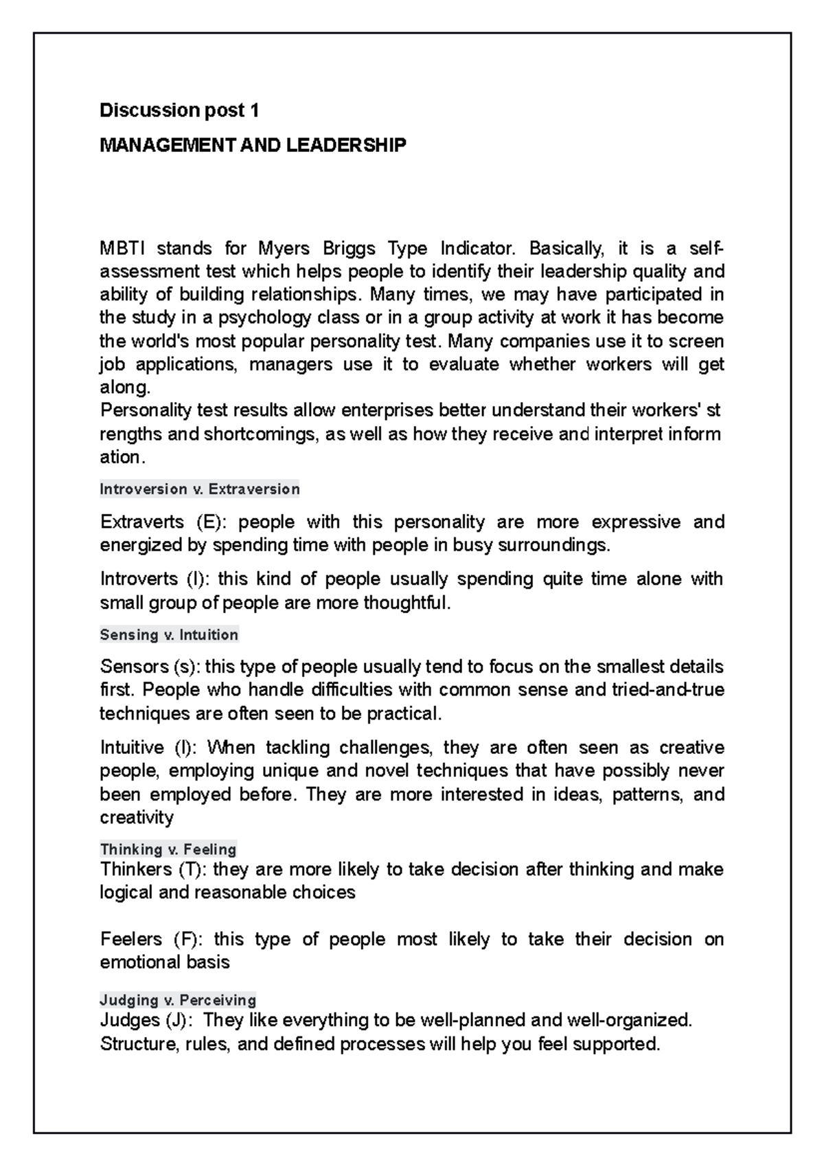 MBTI - discussion post of management and leadership - Discussion post 1 ...