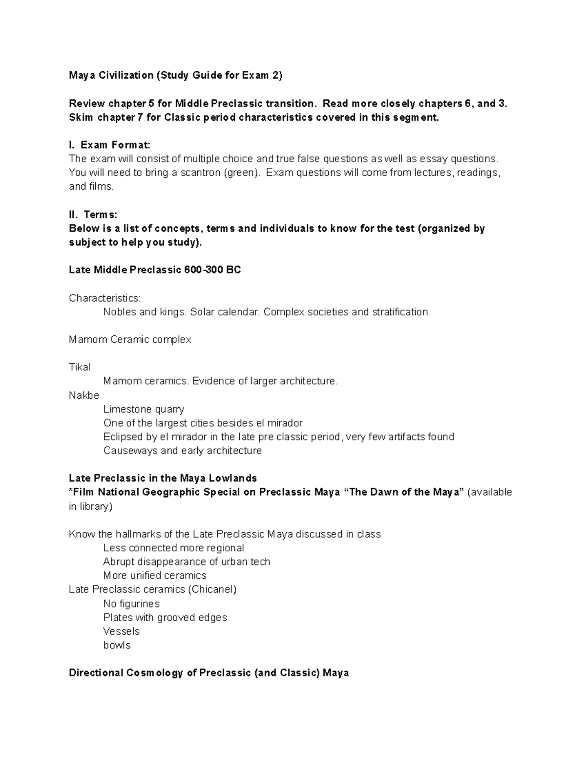 Maya test review 2 - Maya Civilization (Study Guide for Exam 2) Review ...