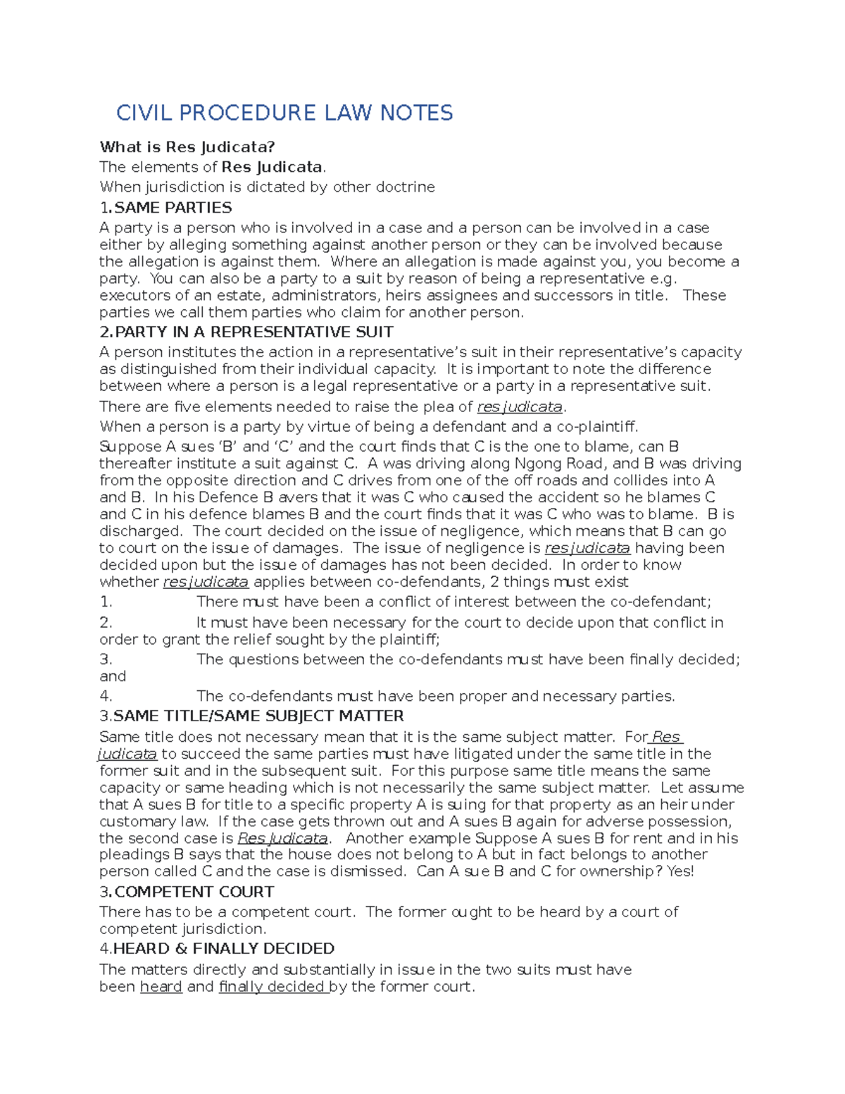 Civil procedure Updated Notes - CIVIL PROCEDURE LAW NOTES What is Res ...