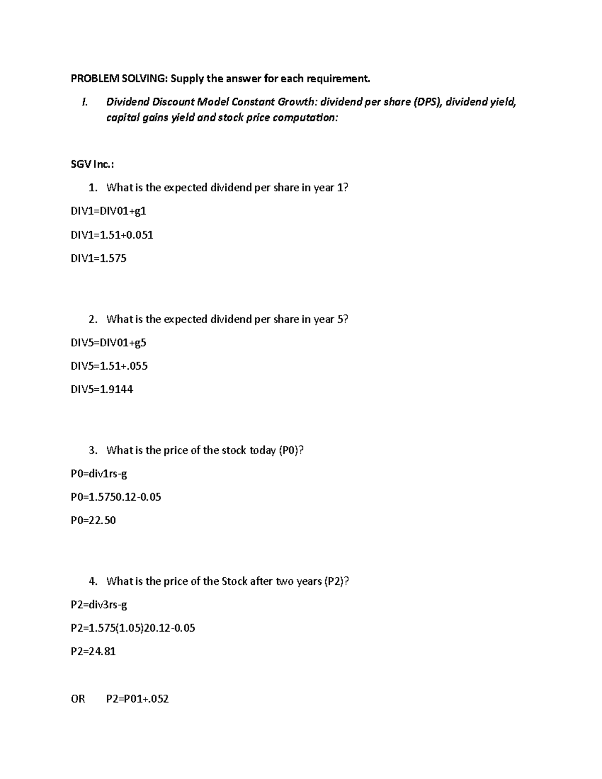 Stock valuation reviewer problem solving - PROBLEM SOLVING: Supply the ...