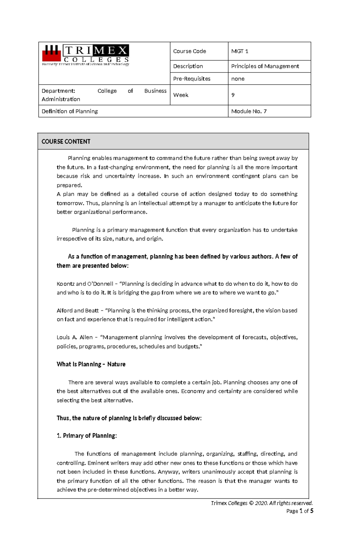 MGMT1 Lesson 7 1 - Mgt - Course Code MGT 1 Description Principles of ...