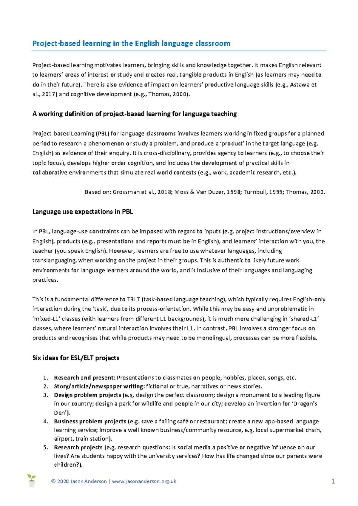 Project-based learning in the English language classroom - © 20 20 ...