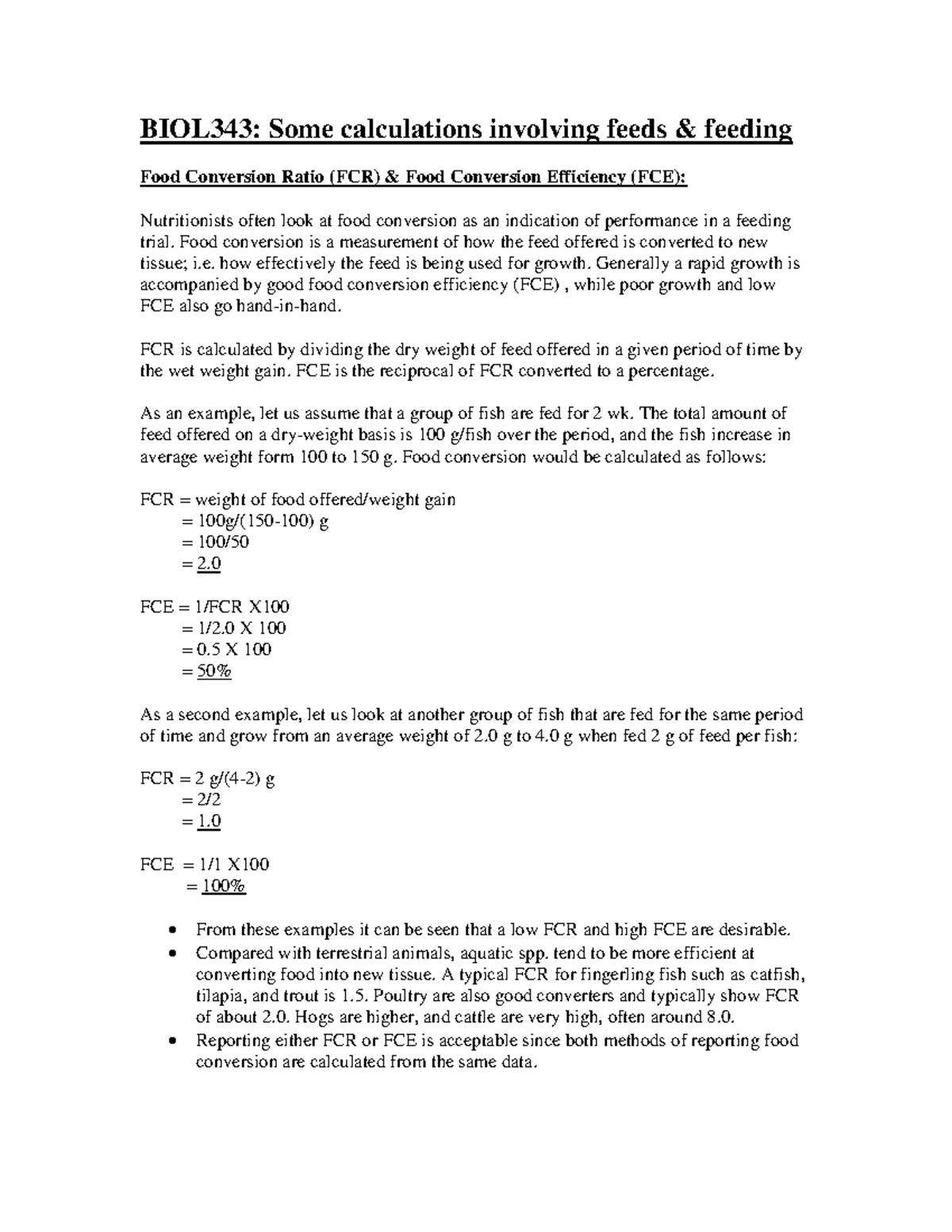 BIOL343 Feed Calculations - BIOL343: Some calculations involving feeds ...