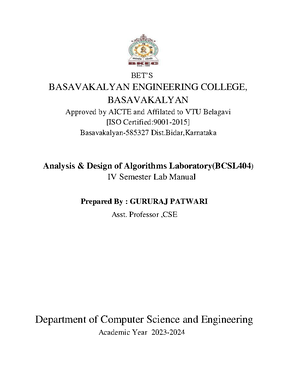 Analysis & Design of Algorithms Lab - BCSL404 - VTU - Studocu