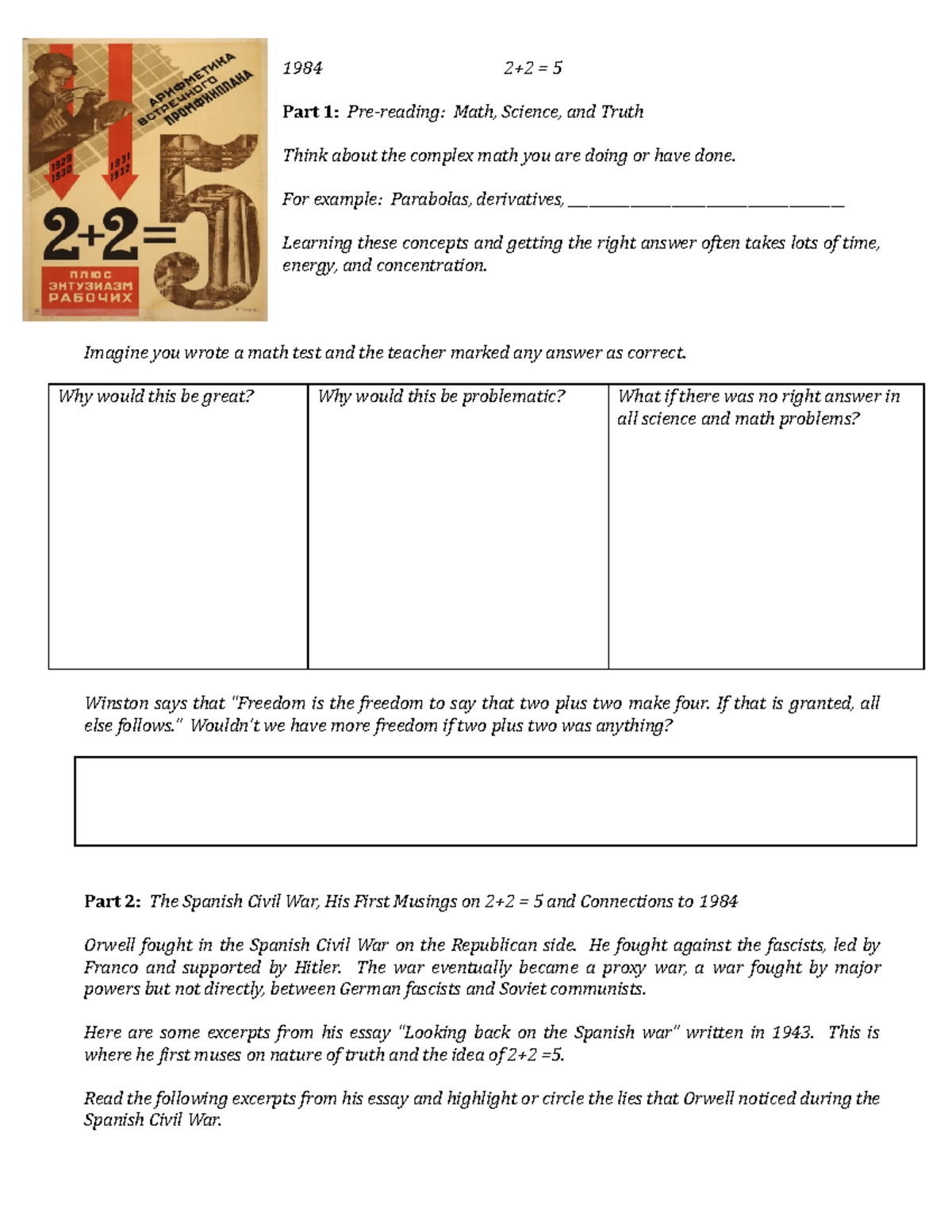 1984 lesson 6 Truth and 2+2=5 - 1984 2+2 = 5 Part 1: Pre-reading: Math ...