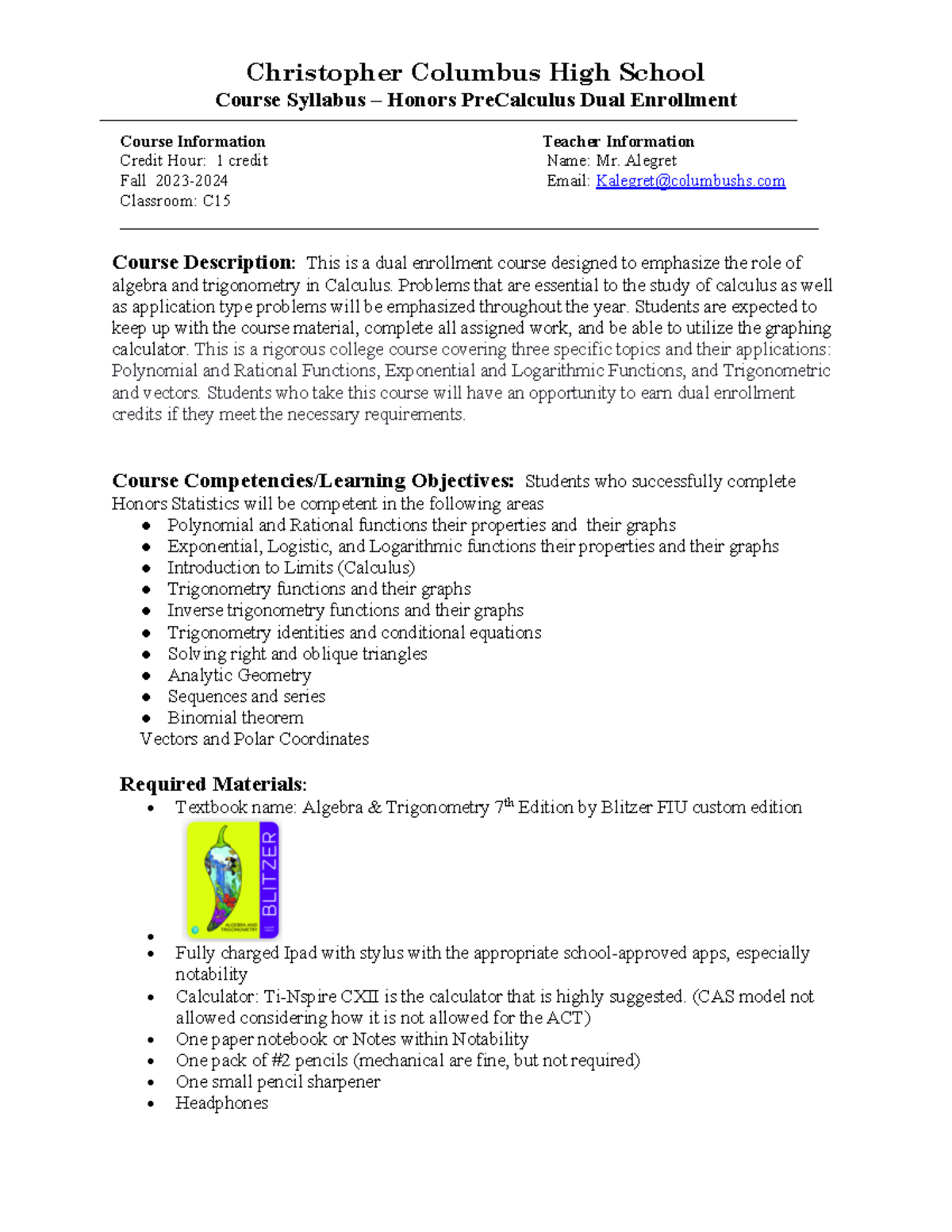 Honors Pre Calculus Sem 1 Syllabus - Christopher Columbus High School ...