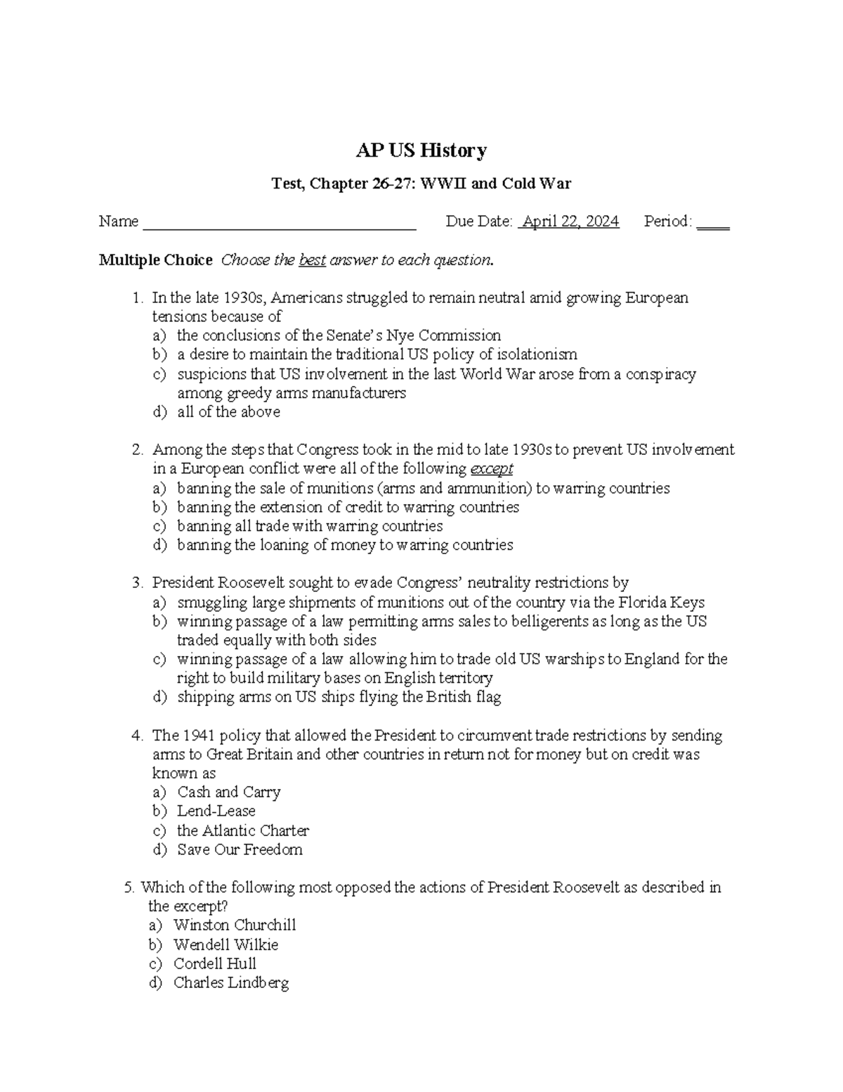 2023-2024 Exam ch 25-26 WWII & Cold War - AP US History Test, Chapter ...