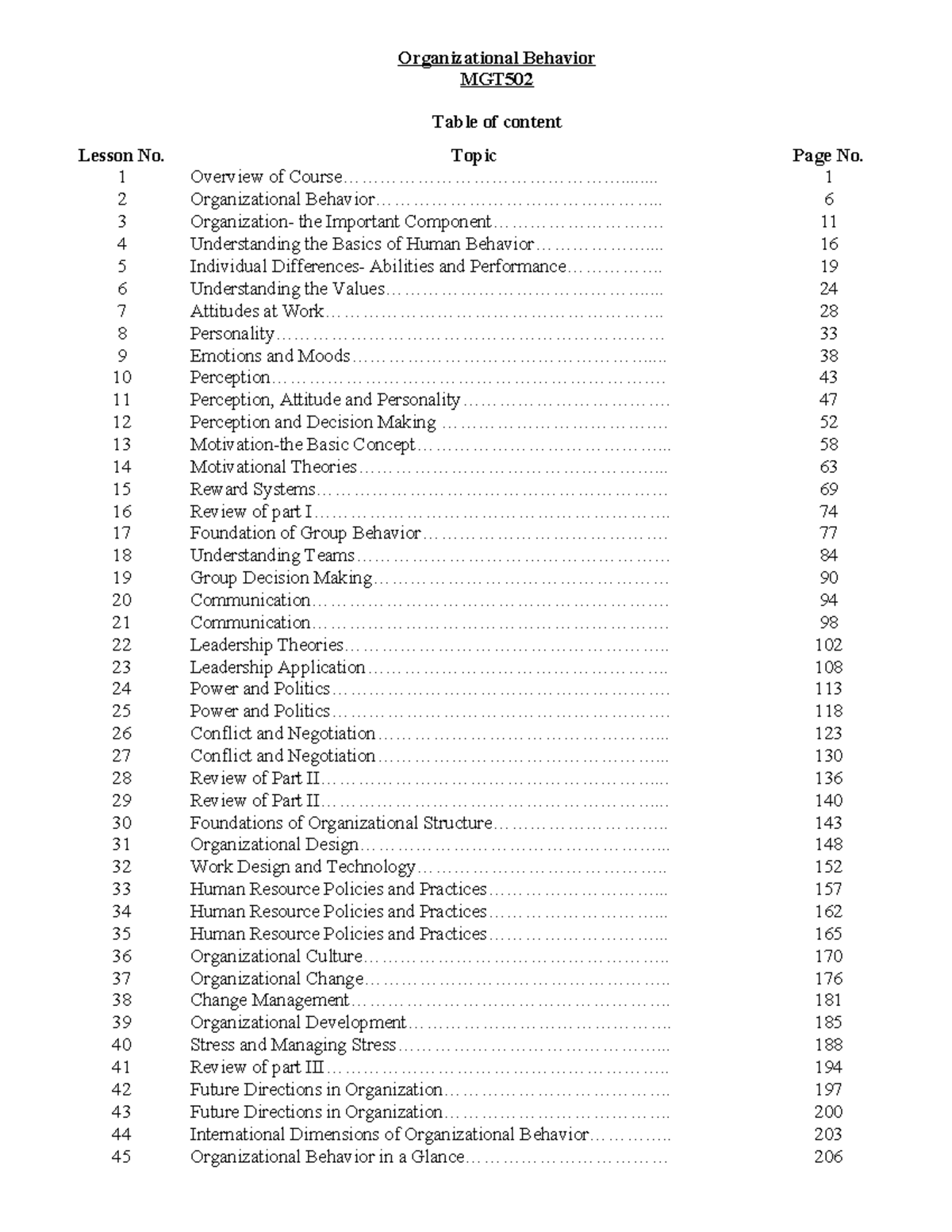 MGT502 handouts 1 45 - Organizational Behavior Table of content - MGT 1 Overview of - Studocu