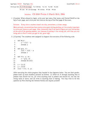 2018 spring prelim 1 answers - Last Name: First Name: Cornell NetID, all caps: CS 1110 Regular ...