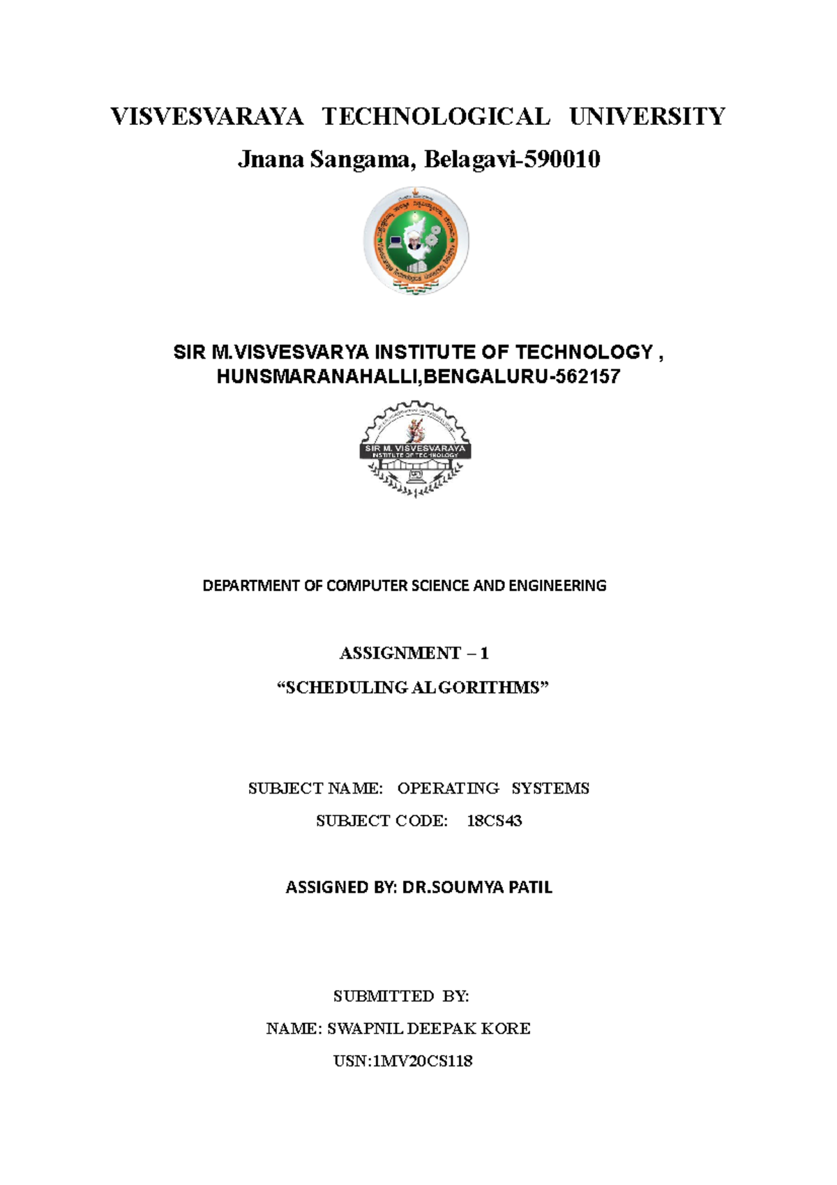 OS Assignment - VISVESVARAYA TECHNOLOGICAL UNIVERSITY Jnana Sangama ...