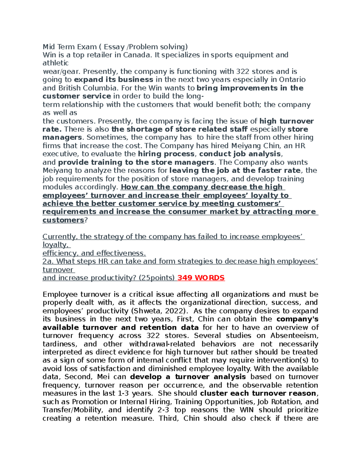 Mid Term B Essary - Mid Term Exam ( Essay /Problem solving) Win is a ...