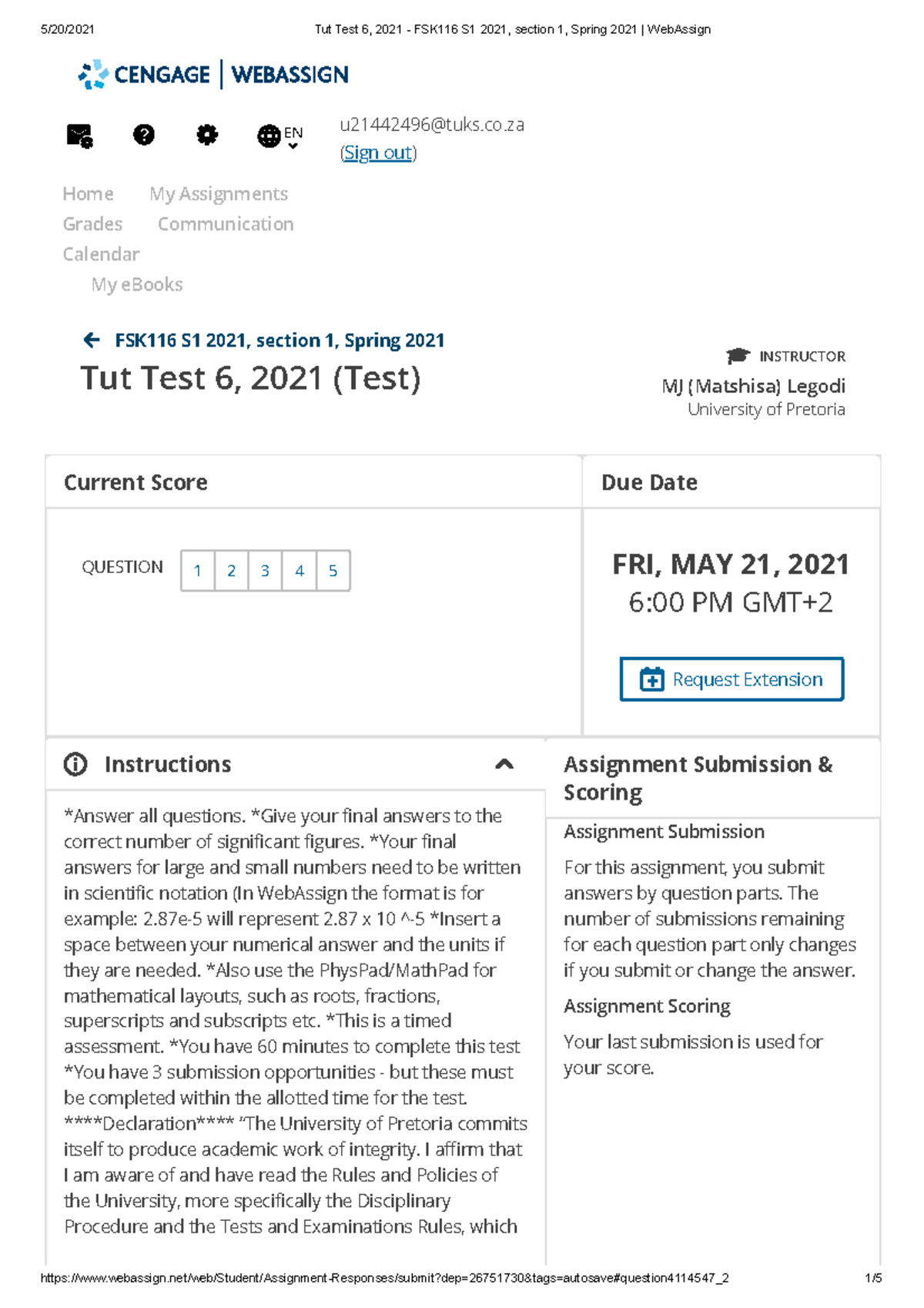 Tut Test 6, 2021 - FSK116 S1 2021, section 1, Spring 2021 Web Assign ...