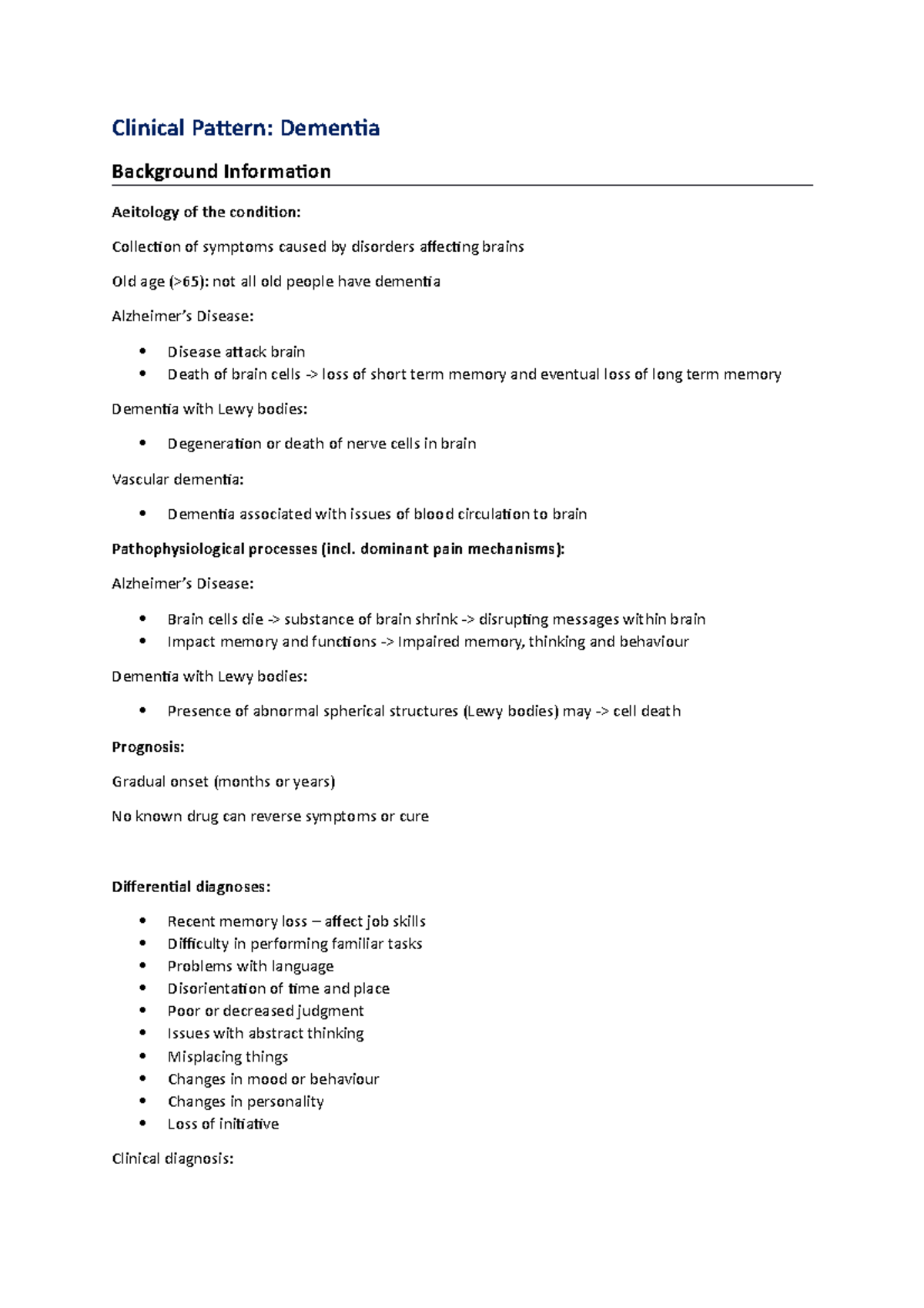 Clinical Pattern Template - Dementia - Clinical Pattern: Dementia ...