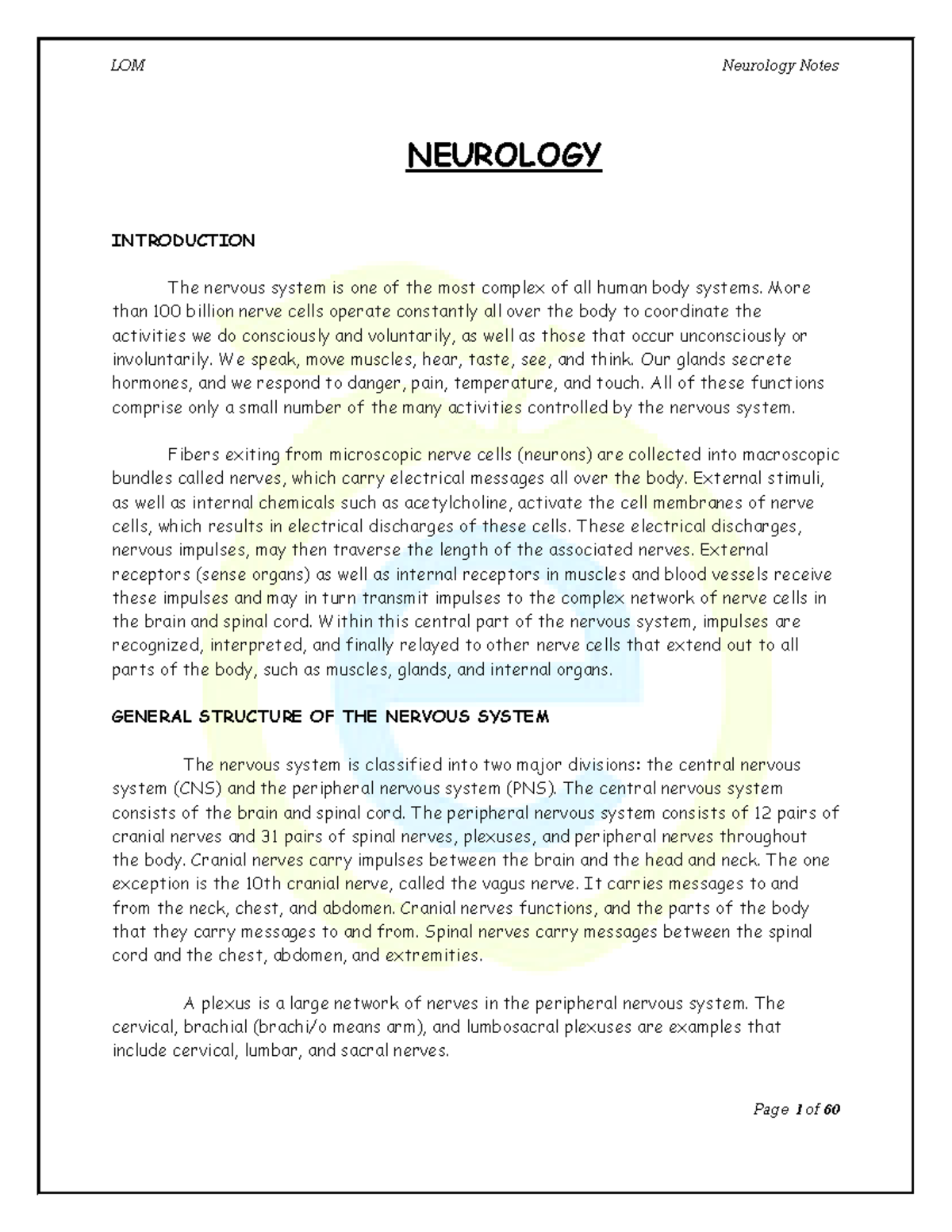 Lomneuronotes 2 - Medical coding - NEUROLOGY INTRODUCTION The nervous ...