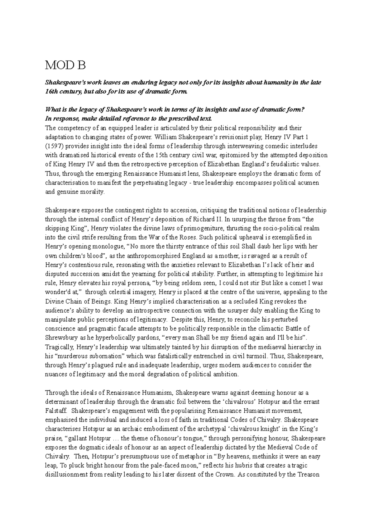 Henry IV Part 1 Essay - MOD B Shakespeare’s work leaves an enduring ...