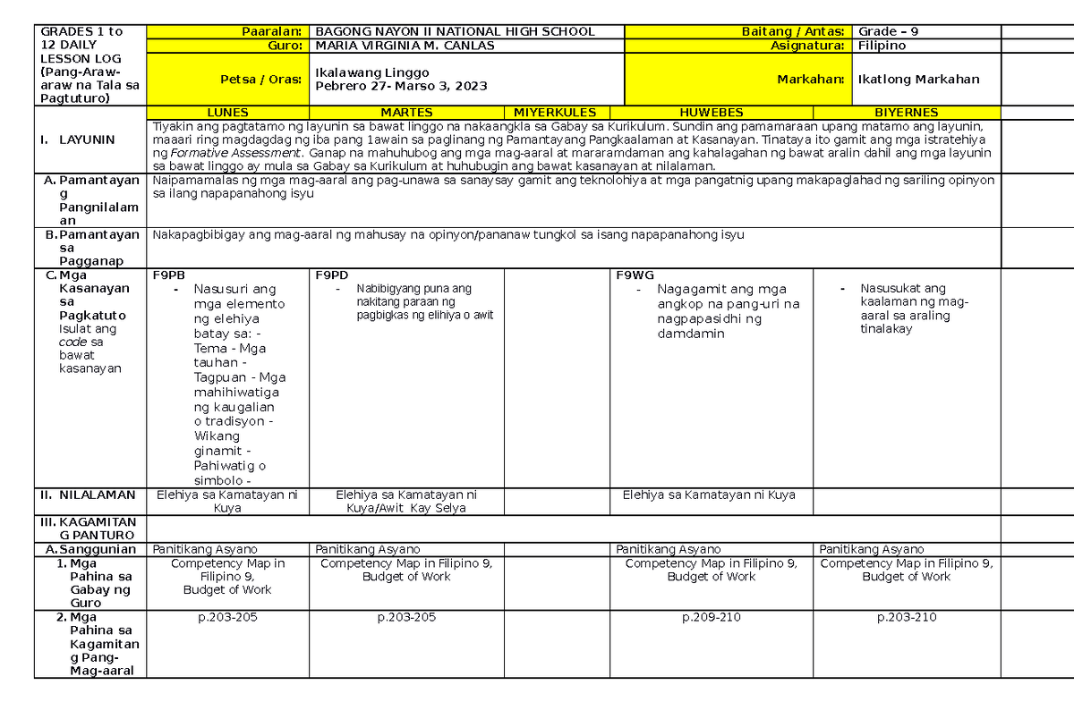 3rd DLL elehiya final - LESSON PLAN - GRADES 1 to 12 DAILY LESSON LOG ...