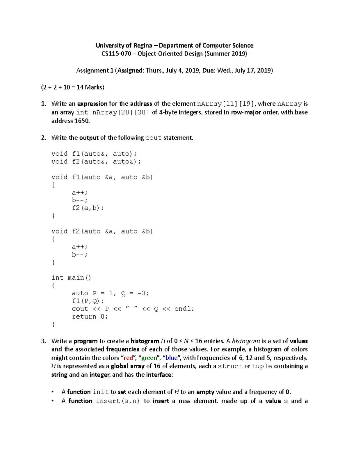 Assignment 1 University Of Regina Department Of Computer Science Cs115 070 Object Oriented